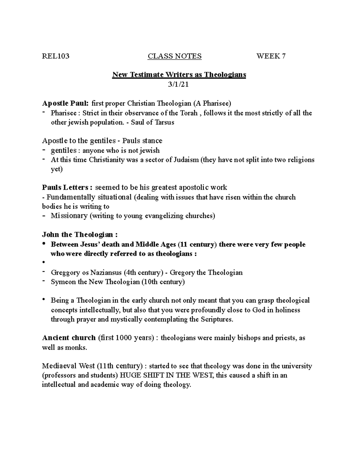 REL103 Notes 3:1:21 - REL103 CLASS NOTES WEEK 7 New Testimate Writers ...