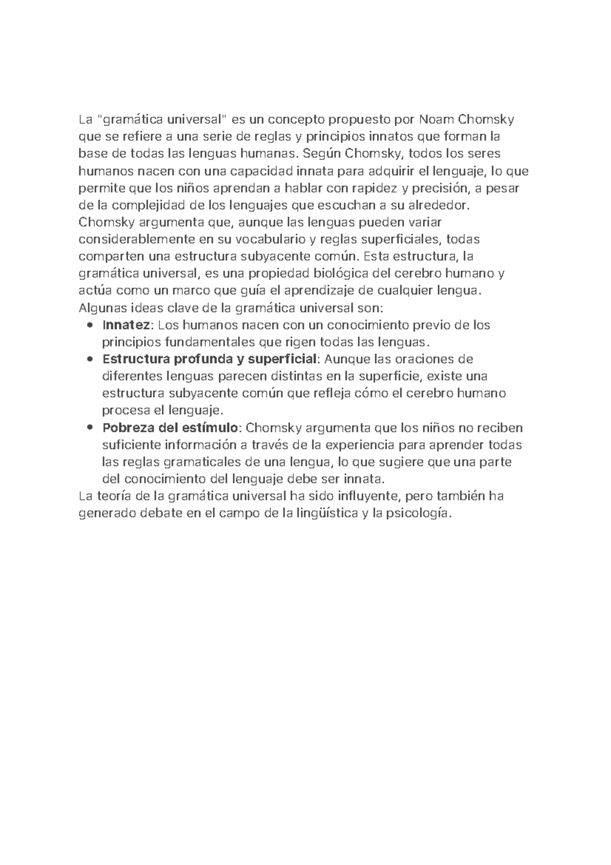 La "gramática universal" es un concepto propuesto por Noam Chomsky ...