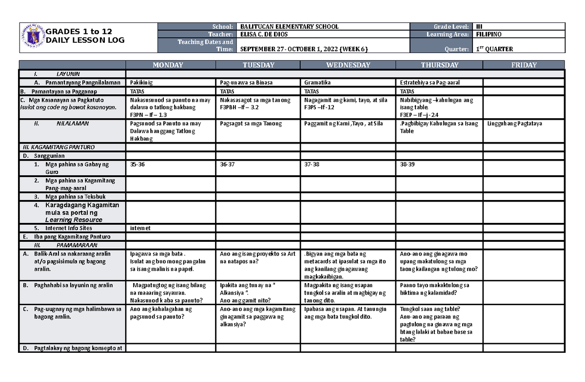 DLL Quarter 1 Week 6 Filipino 3 - GRADES 1 to 12 DAILY LESSON LOG ...