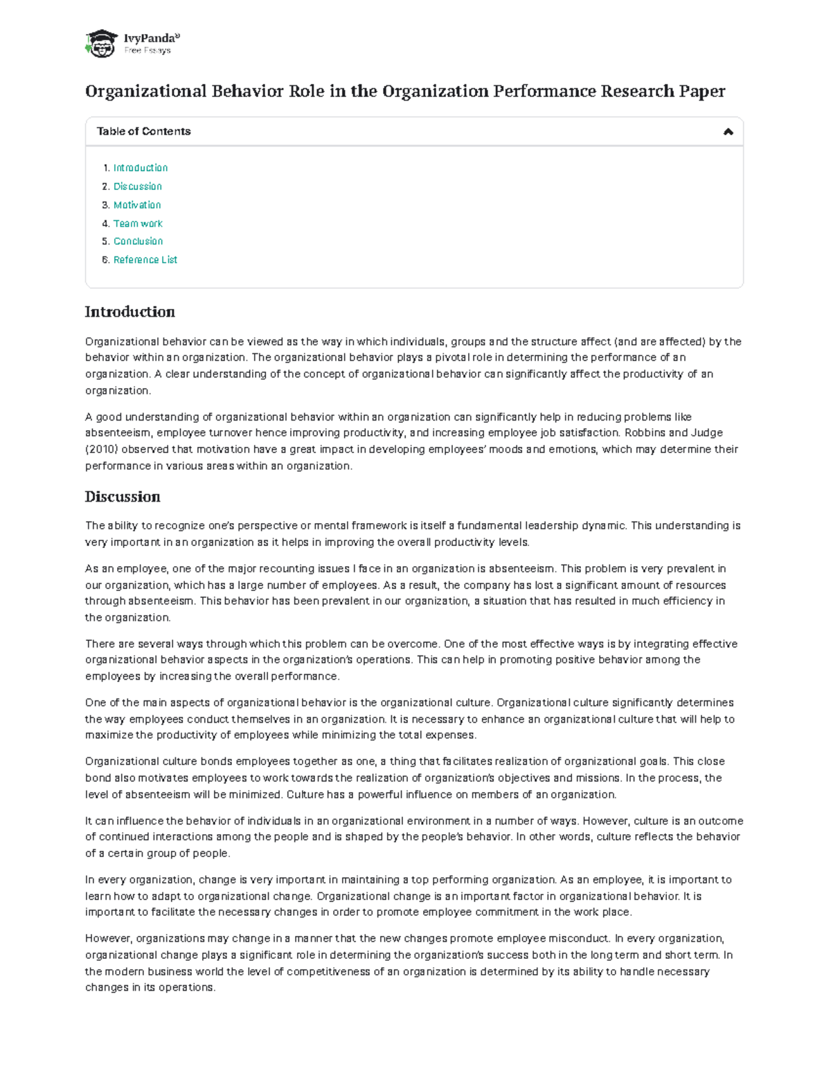 Organizational Behavior Role in the Organization Performance - 1973 ...