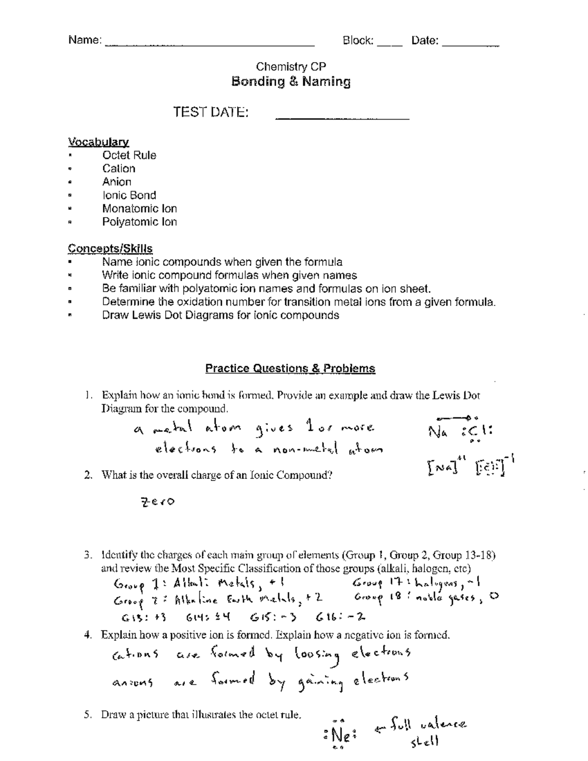 Bonding Review KEY - Name: Block: Date: Chemistry CP Bonding & Naming ...