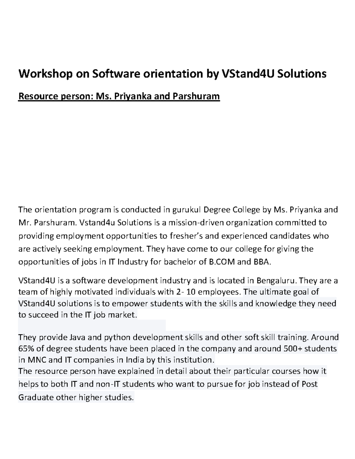 Workshop on Software orientation by VStand 4U Solutions - Workshop on ...