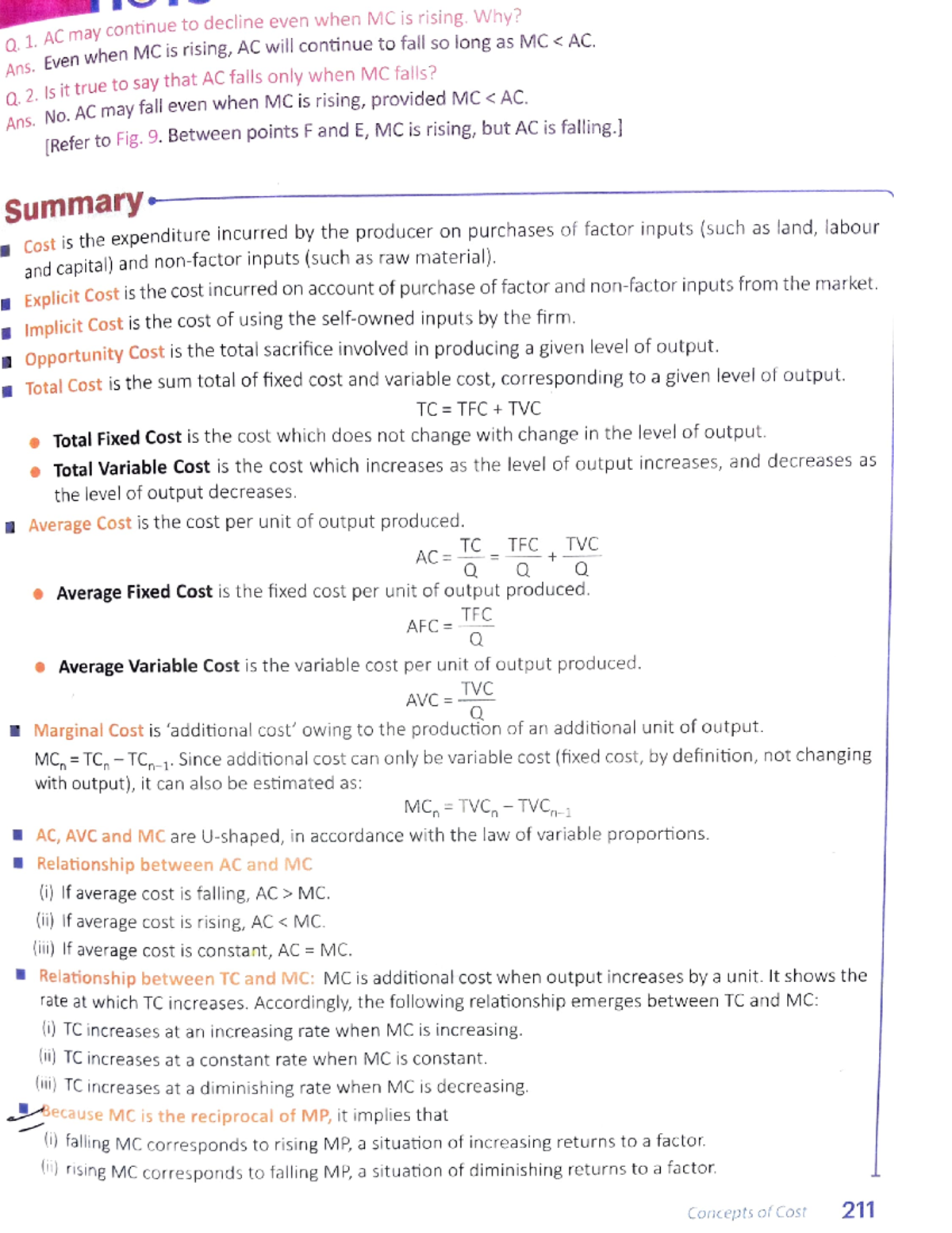 Summary of the cost - Best notes - Bachelor of Commerce - Studocu