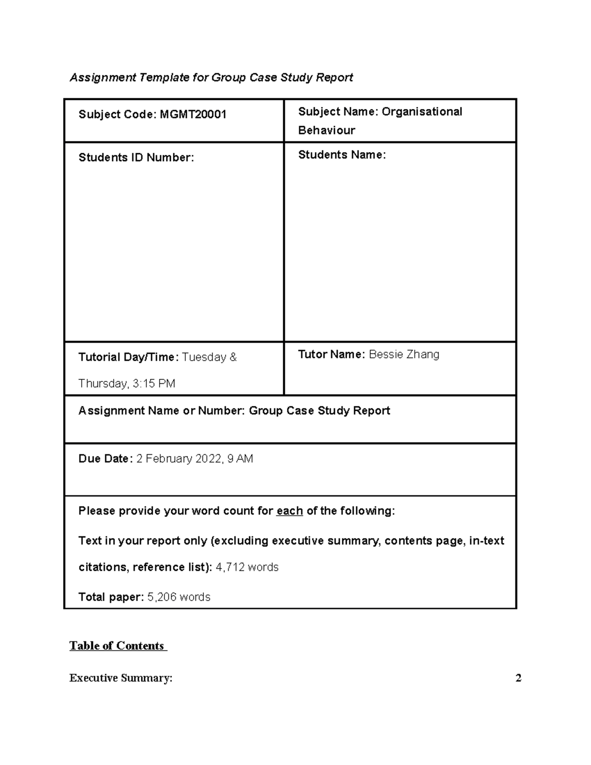 OB Group Report - Assignment Template for Group Case Study Report ...