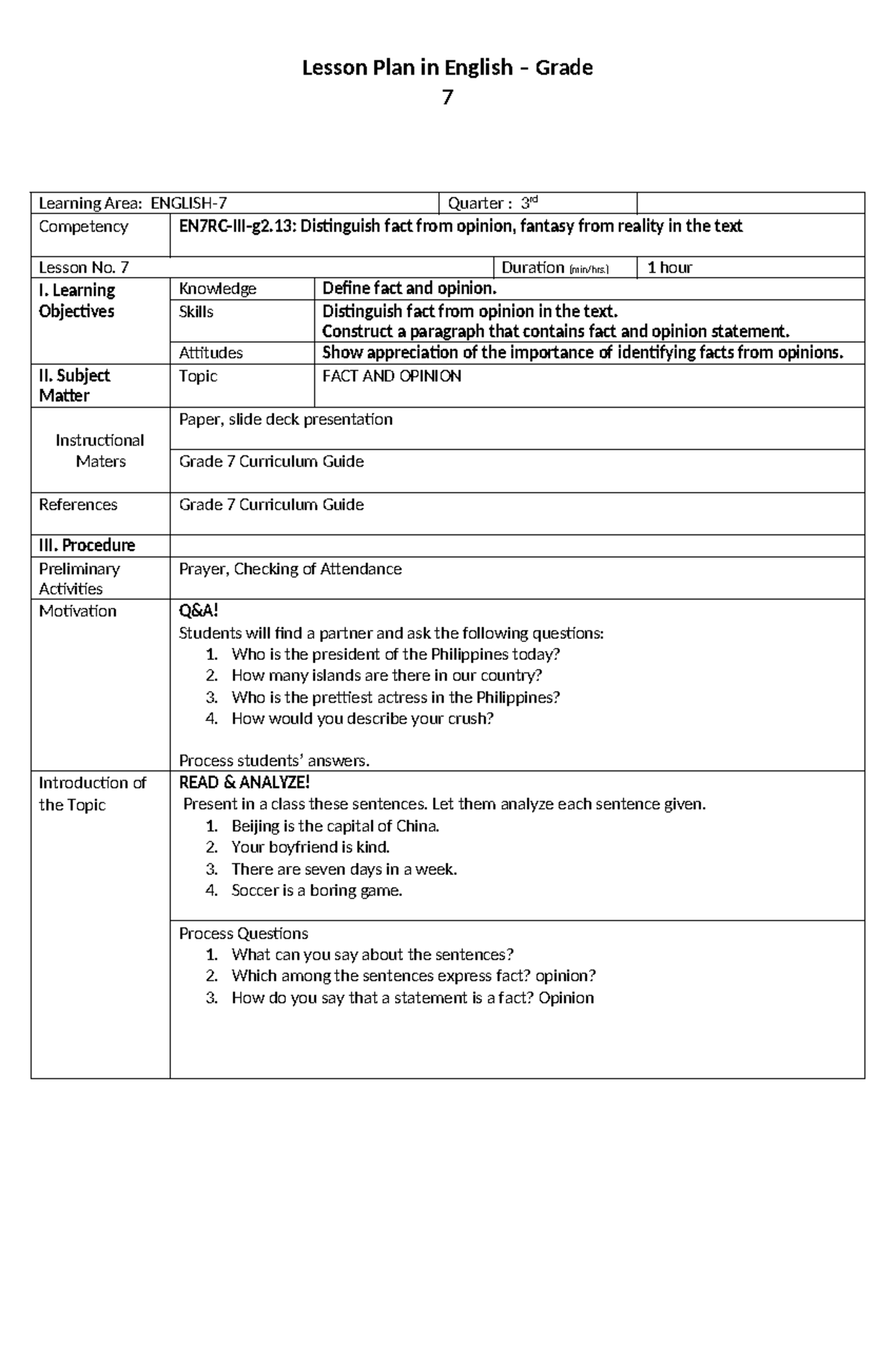 Fact-and-opinion - Kkk - Lesson Plan in English – Grade 7 Learning Area ...
