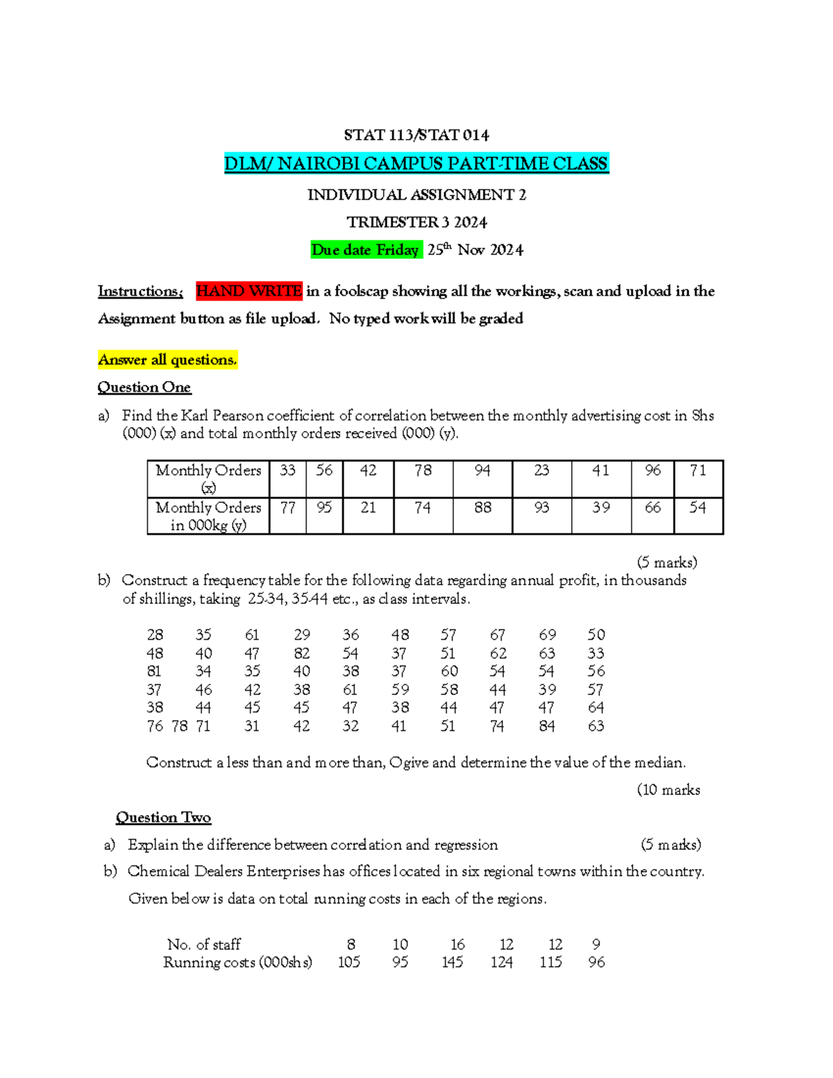 STAT 113-STAT 014- DLM & Nairobi Campus Evening Class Assignment 2 - STAT 113/STAT 014 DLM ...