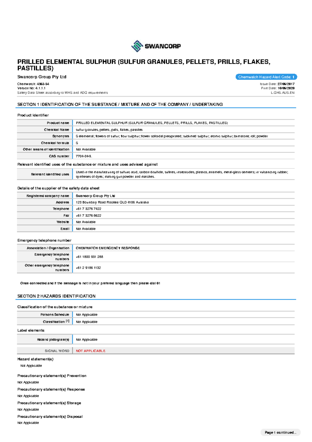 SDS Sulphur EXP 27 - Ghj - Swancorp Group Pty Ltd Chemwatch Hazard ...