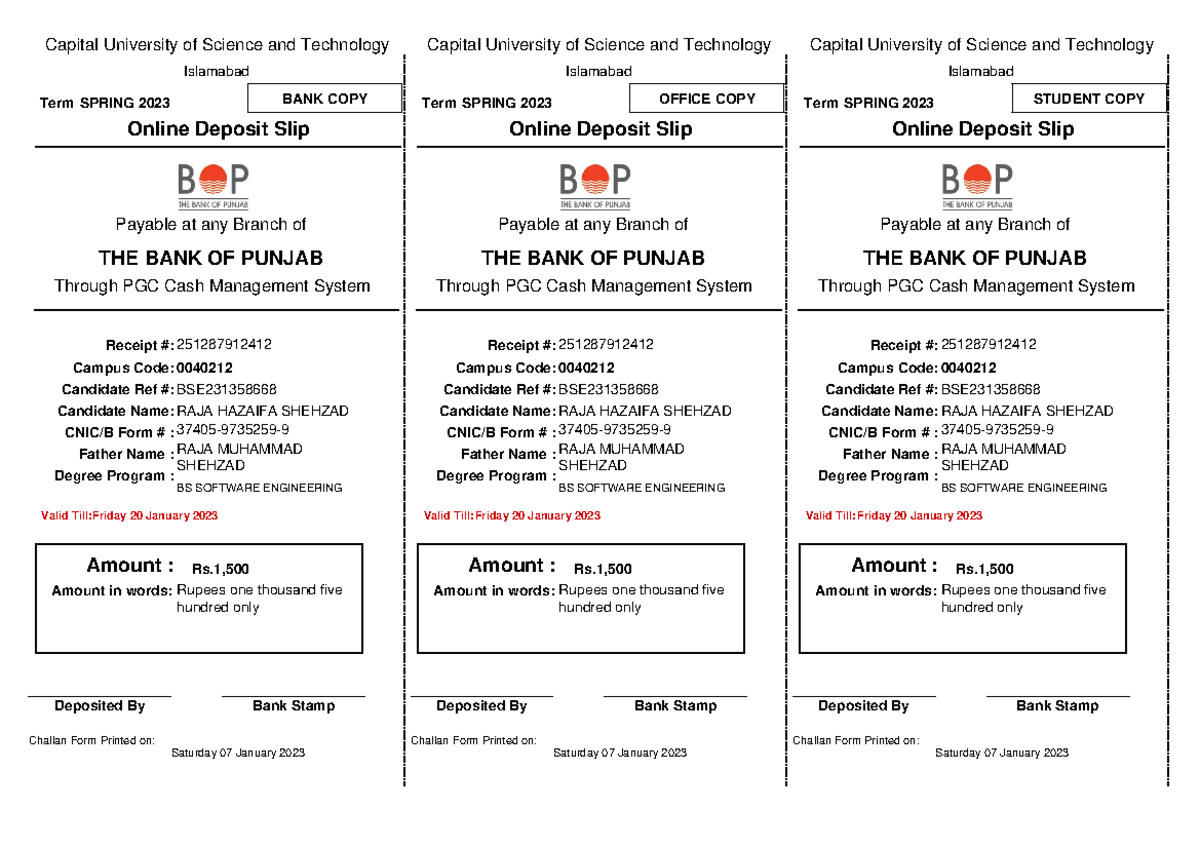 358668 - BANK COPY Challan Form Printed on: Saturday 07 January 2023 ...