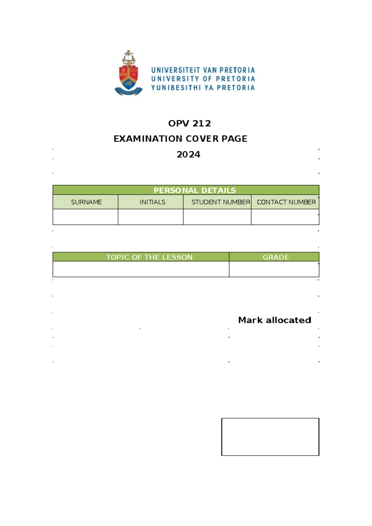 Examination Cover Page 2024 - BSM47B0 - OPV 212 EXAMINATION COVER PAGE ...