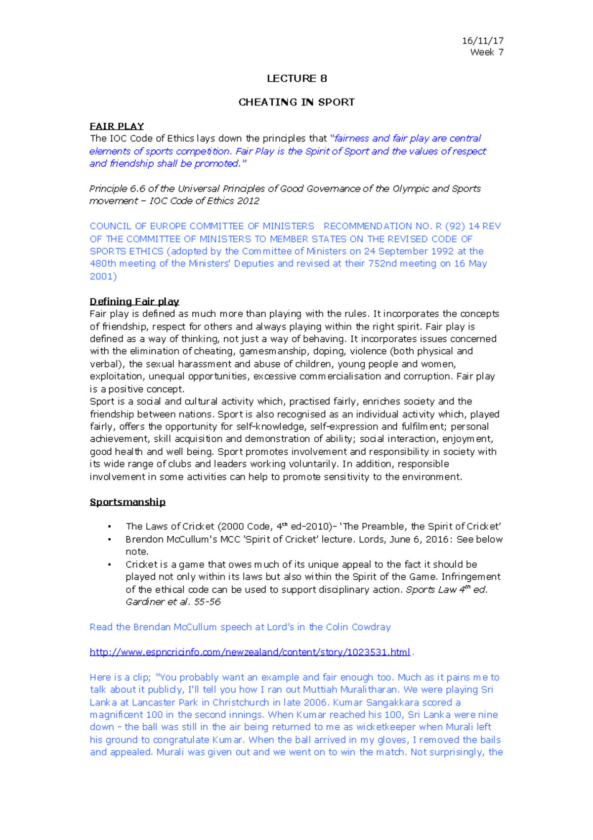 Cheating in Sport - Week 7 LECTURE 8 CHEATING IN SPORT FAIR PLAY The ...