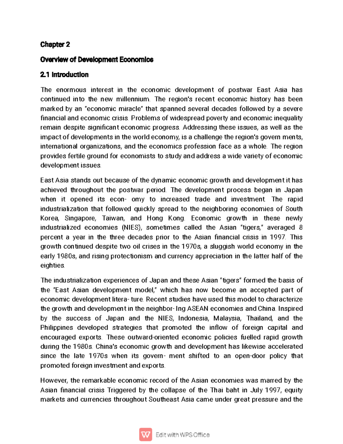 Chapter 2 Overview of Development Economics - The region's recent ...
