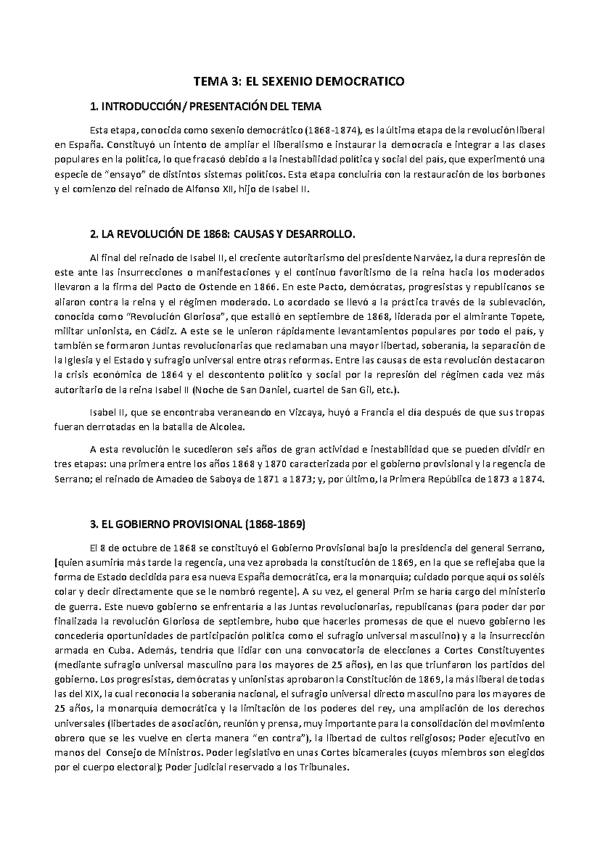 TEMA 3. EL Sexenio Democratico - TEMA 3: EL SEXENIO DEMOCRATICO 1. INTRODUCCIÓN/ PRESENTACIÓN ...