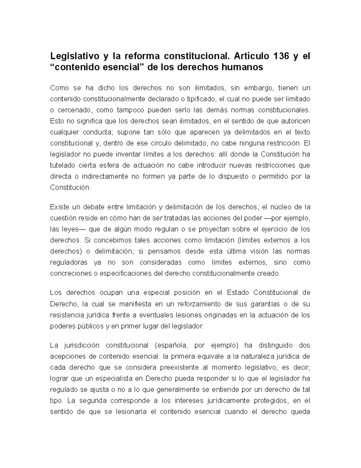 Legislativo y la reforma constitucional - Artículo 136 y el “contenido ...