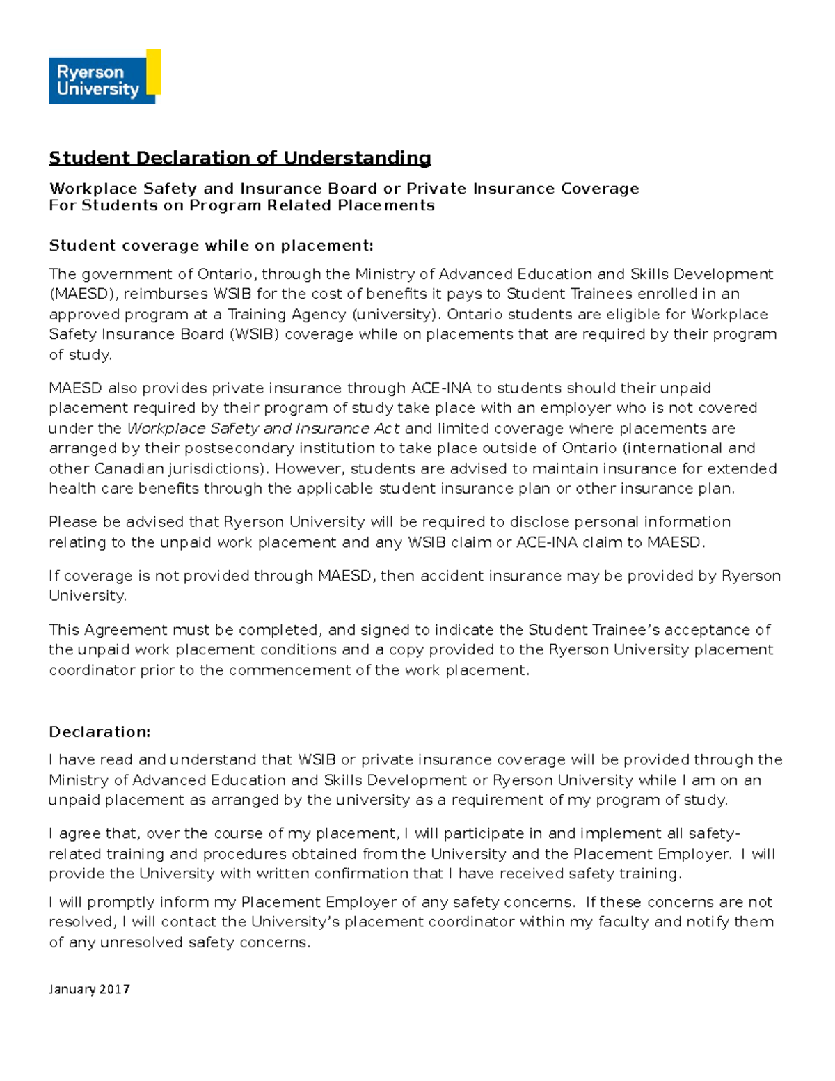 Student Declaration of Understanding for Internships RMG799 9 W2020 ...