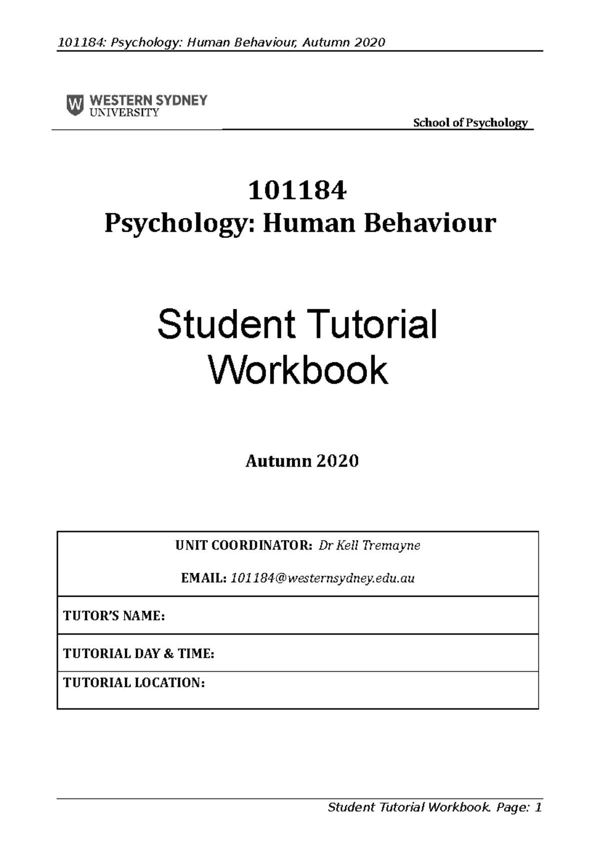 2002 26 Tutorial Workbook Autumn 2020 - School of Psychology 101184 ...