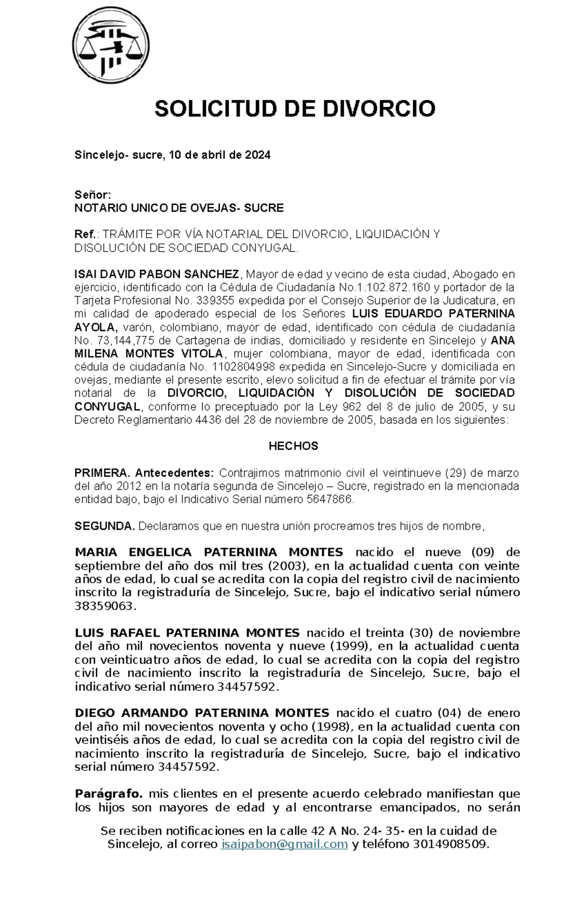 Solicitud de divorcio luis paternina y ana montes - SOLICITUD DE ...