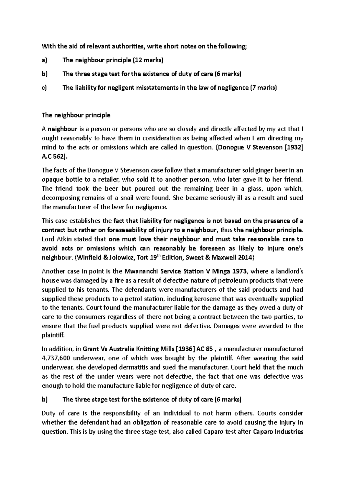 Neighbour principle, and The three stage test for the existence of duty ...