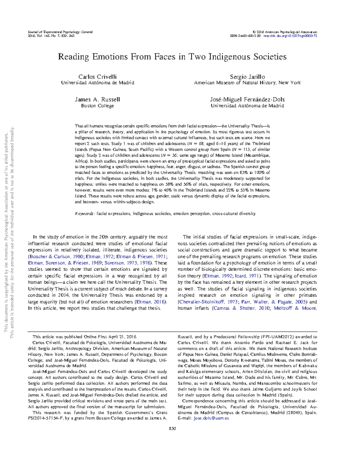 Article 2 - Reading Emotions From Faces in Two Indigenous Societies ...