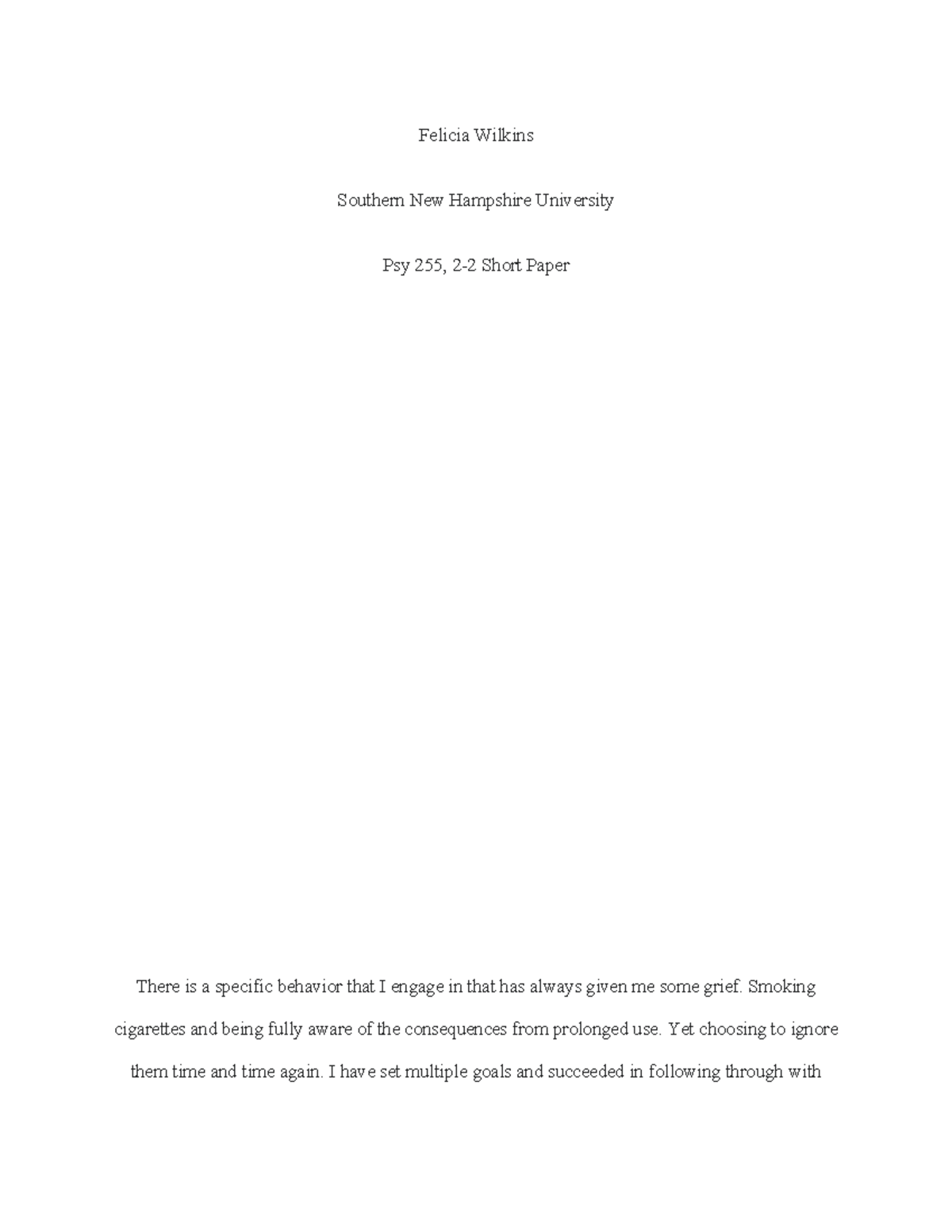 PSY 255, 2-2 Short Paper - Felicia Wilkins Southern New Hampshire ...