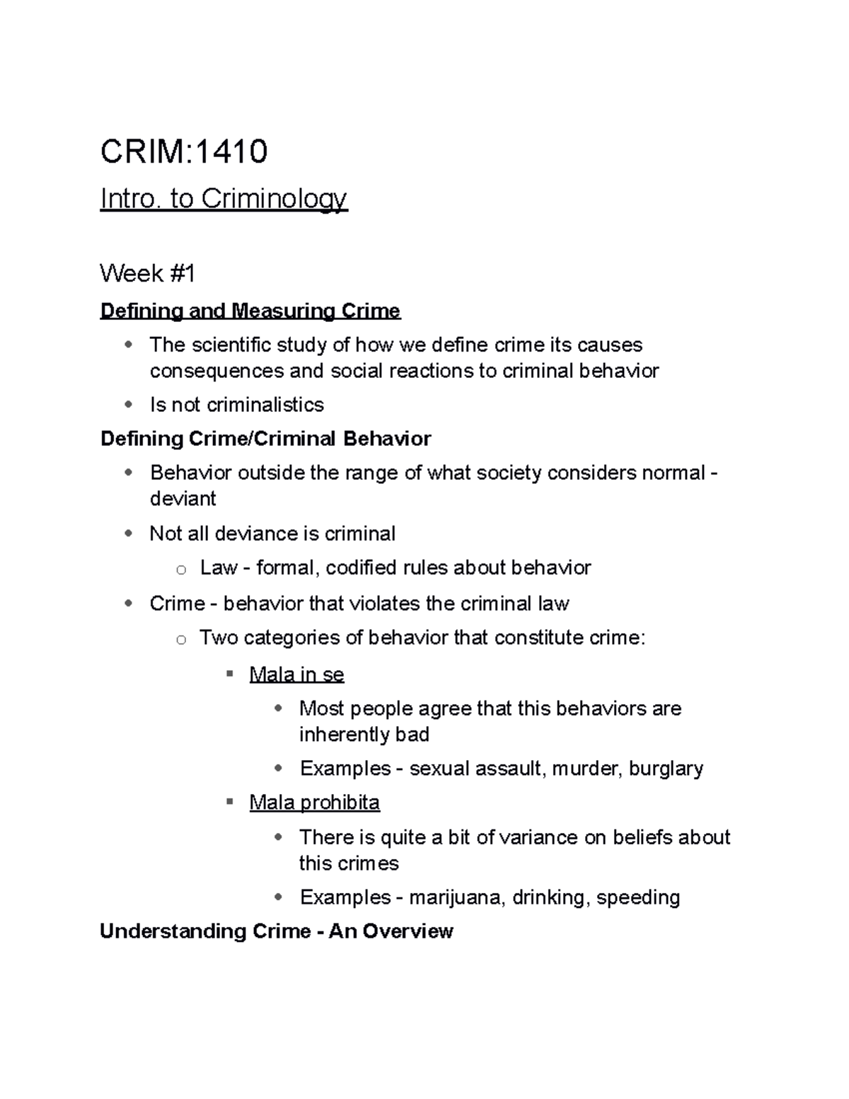 Introduction to Criminology Notes - CRIM: Intro. to Criminology Week ...