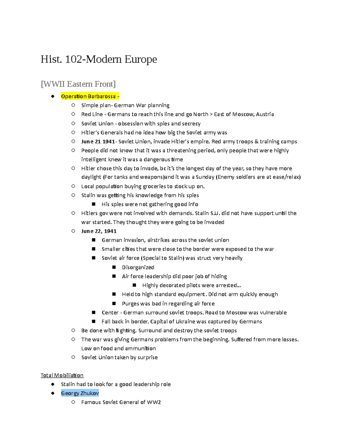 2020-Hist102-WWII Eastern Front lecture notes week17 - Hist. 102-Modern ...