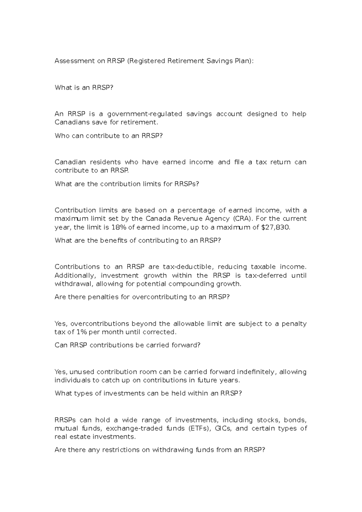 Assessment on RRSP - Who can contribute to an RRSP? Canadian residents ...