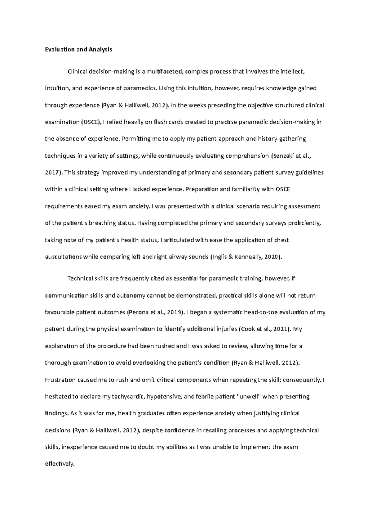 Paramedicine reflection task - Evaluation and Analysis Clinical ...