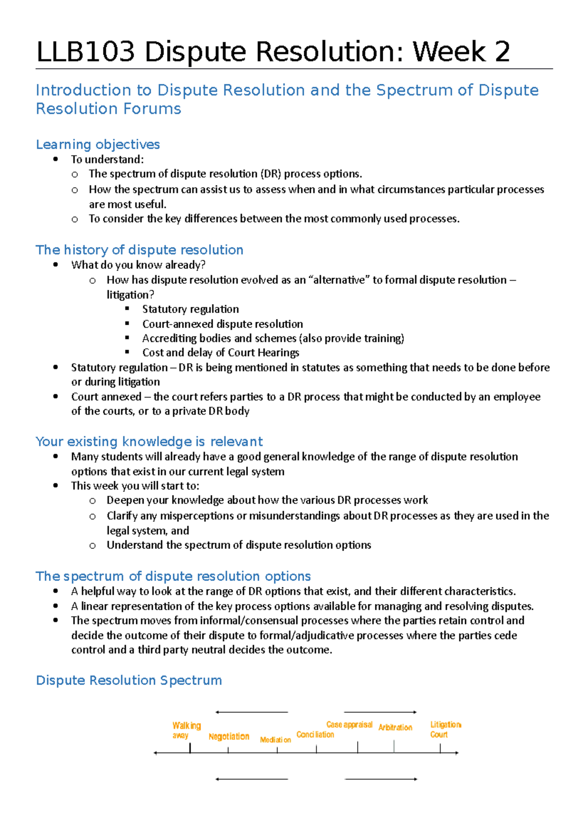 LLB103 Week 2 Spectrum of DR Forums - LLB103 Dispute Resolution: Week 2 Introduction to Dispute ...