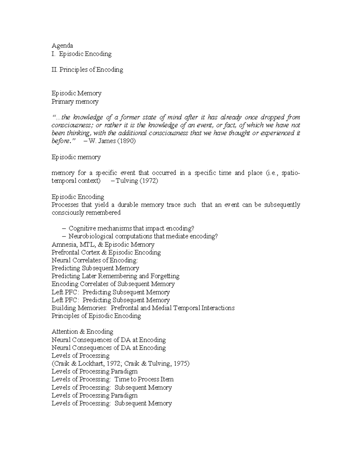 L3 - Lecture outline on episodic memory, primary memory, and the ...