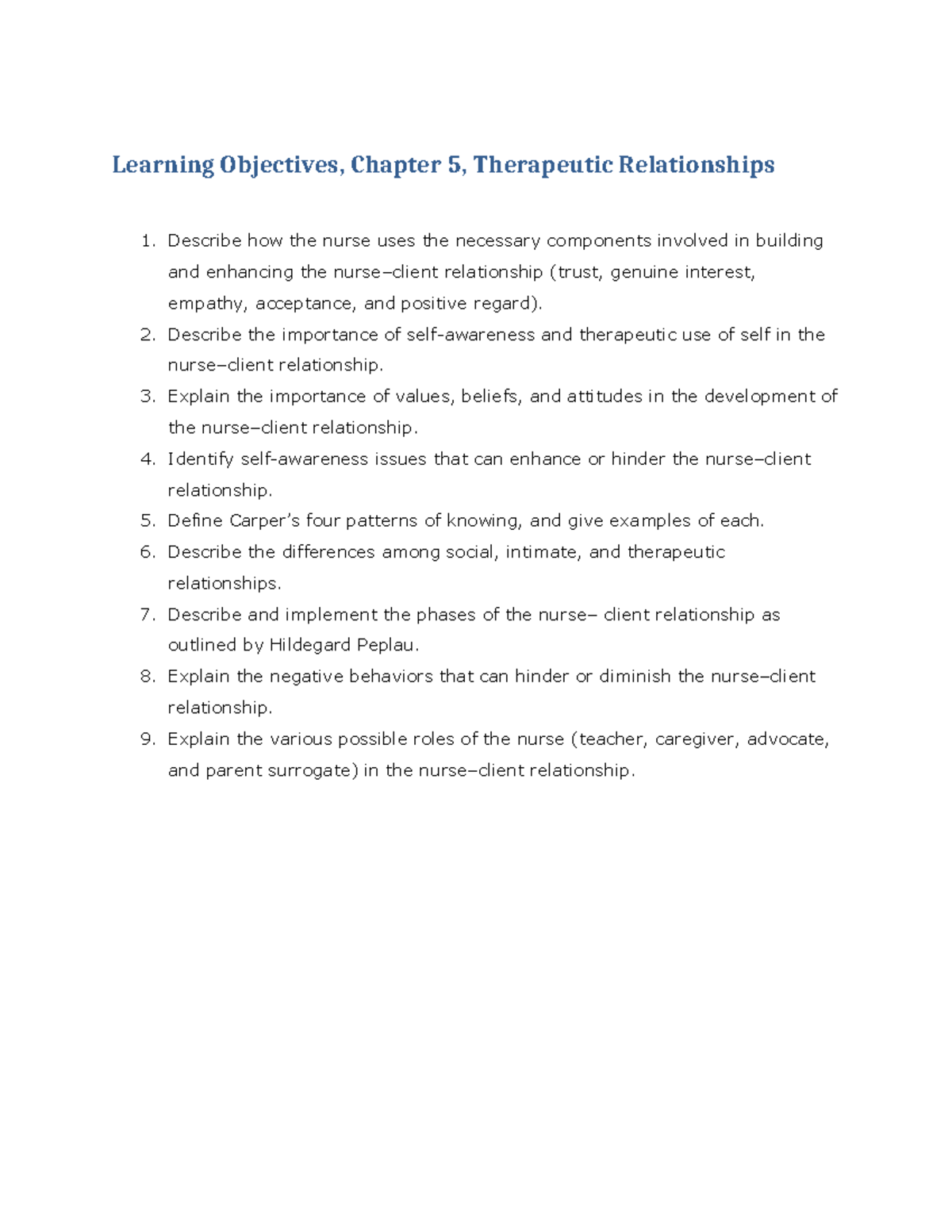 CH 5 PMH - learning goals - Learning Objectives, Chapter 5, Therapeutic ...