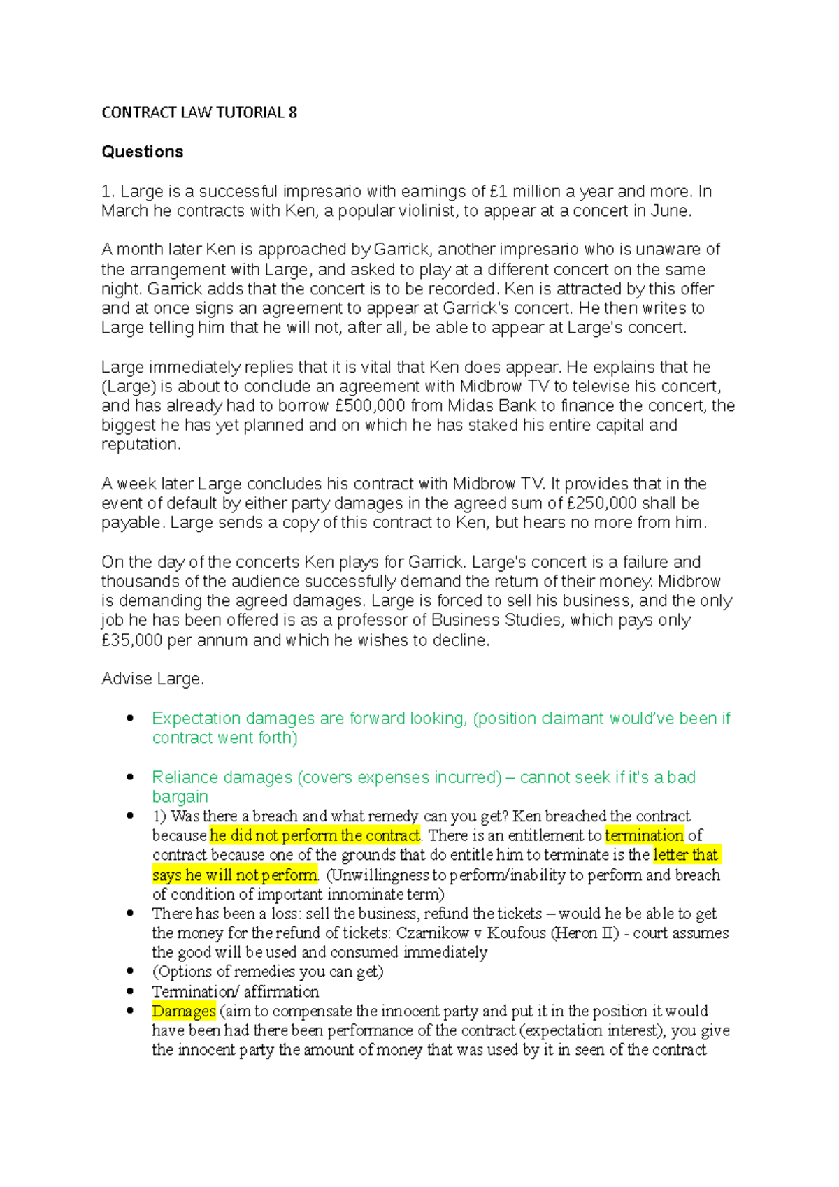 Contract LAW Tutorial 8 - CONTRACT LAW TUTORIAL 8 Questions Large is a ...