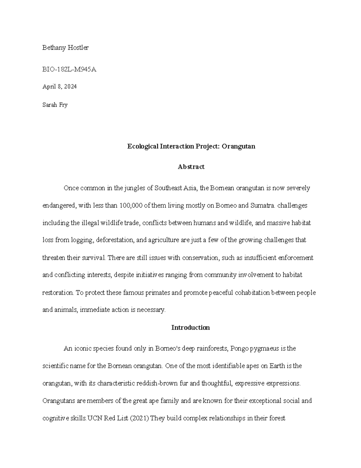 Ecological Interaction Project: Orangutan - Bethany Hostler BIO-182L ...