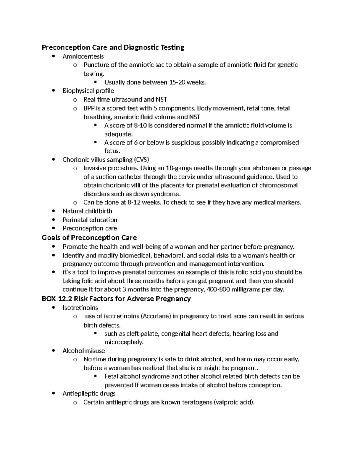 Chapter 12 - Notes - Preconception Care and Diagnostic Testing ...