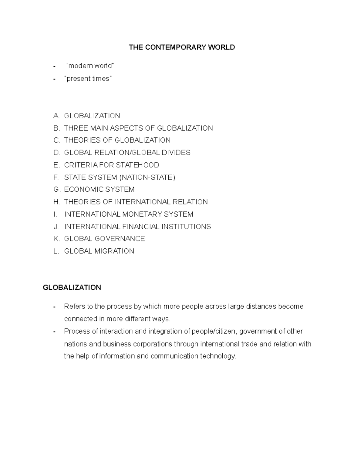 The Contemporary World - THE CONTEMPORARY WORLD - “modern world ...