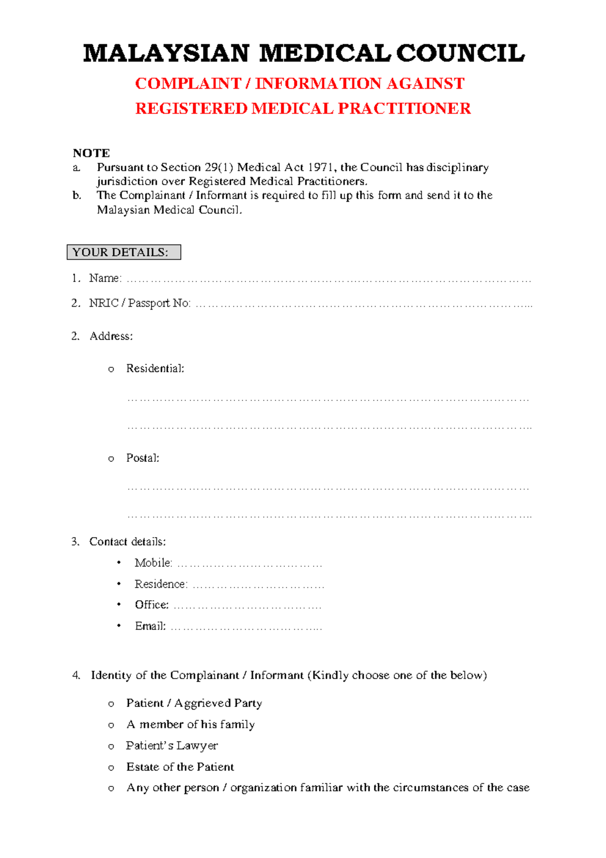 Complaint Form (template) - MALAYSIAN MEDICAL COUNCIL COMPLAINT ...