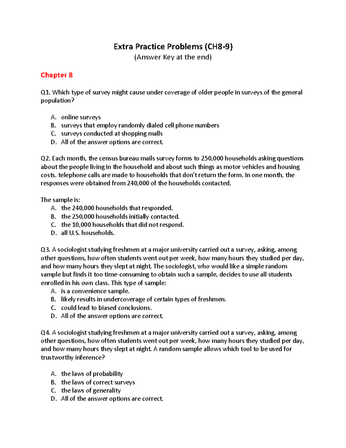 Extra Practice Problems-Ch8-Ch9 - Extra Practice Problems (CH8-9) (Answer Key at the end ...