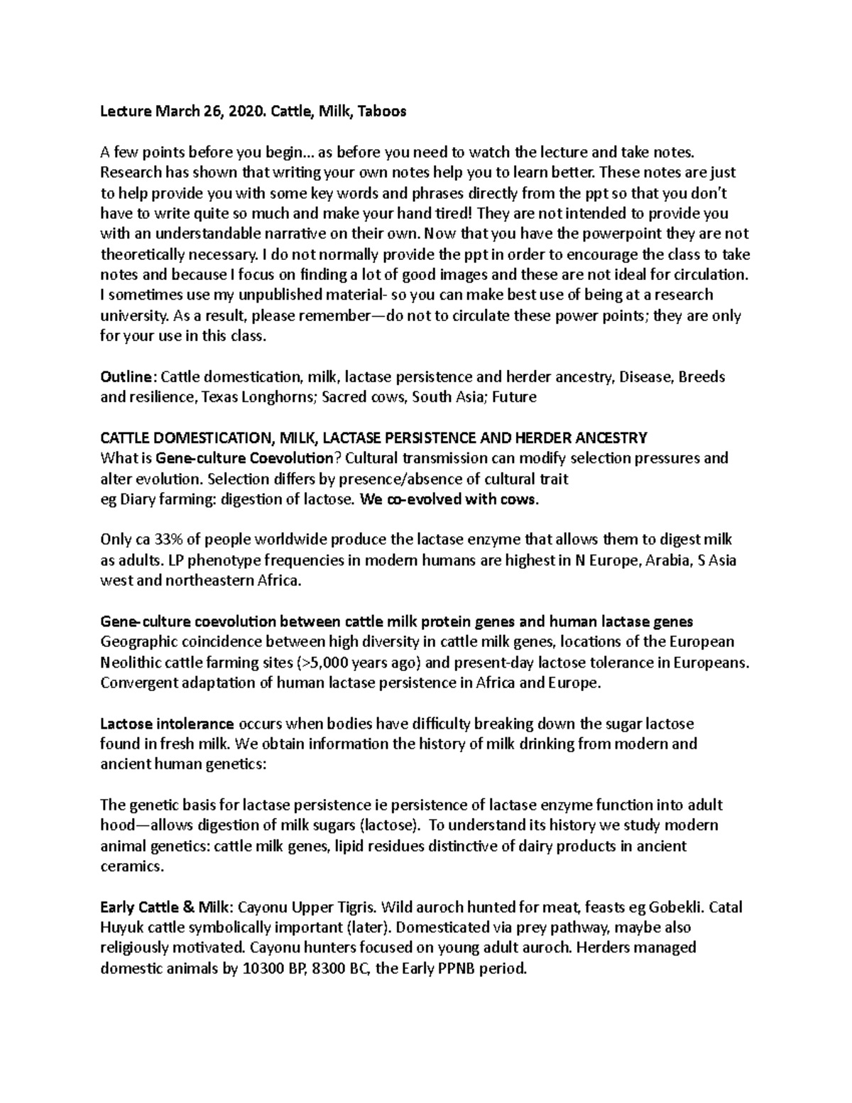 3-26 Cattle milk - notes - Lecture March 26, 2020. Cattle, Milk, Taboos ...