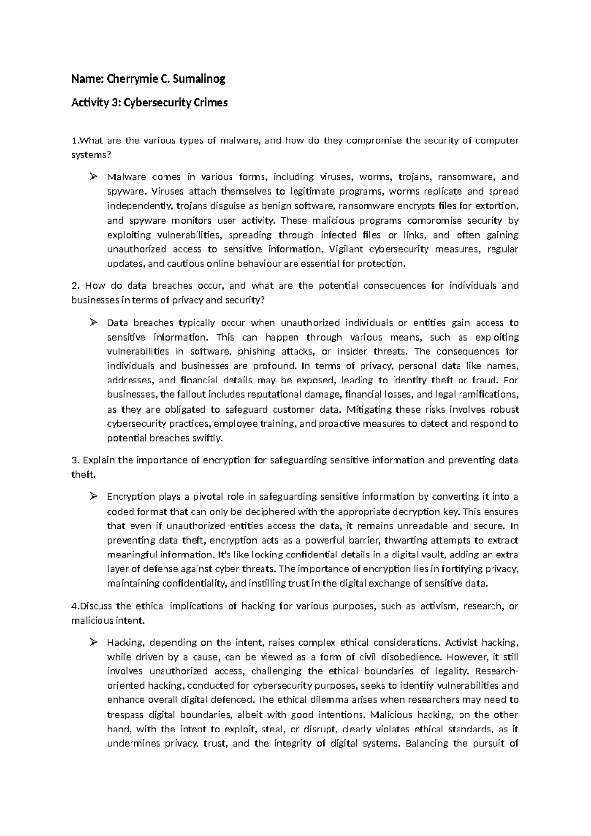 Cyber Security - Name: Cherrymie C. Sumalinog Activity 3: Cybersecurity ...