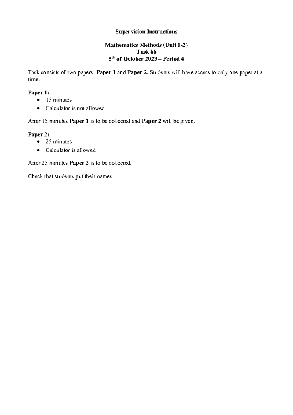 method unit 1 and 2 practice sheet - Supervision Instructions ...