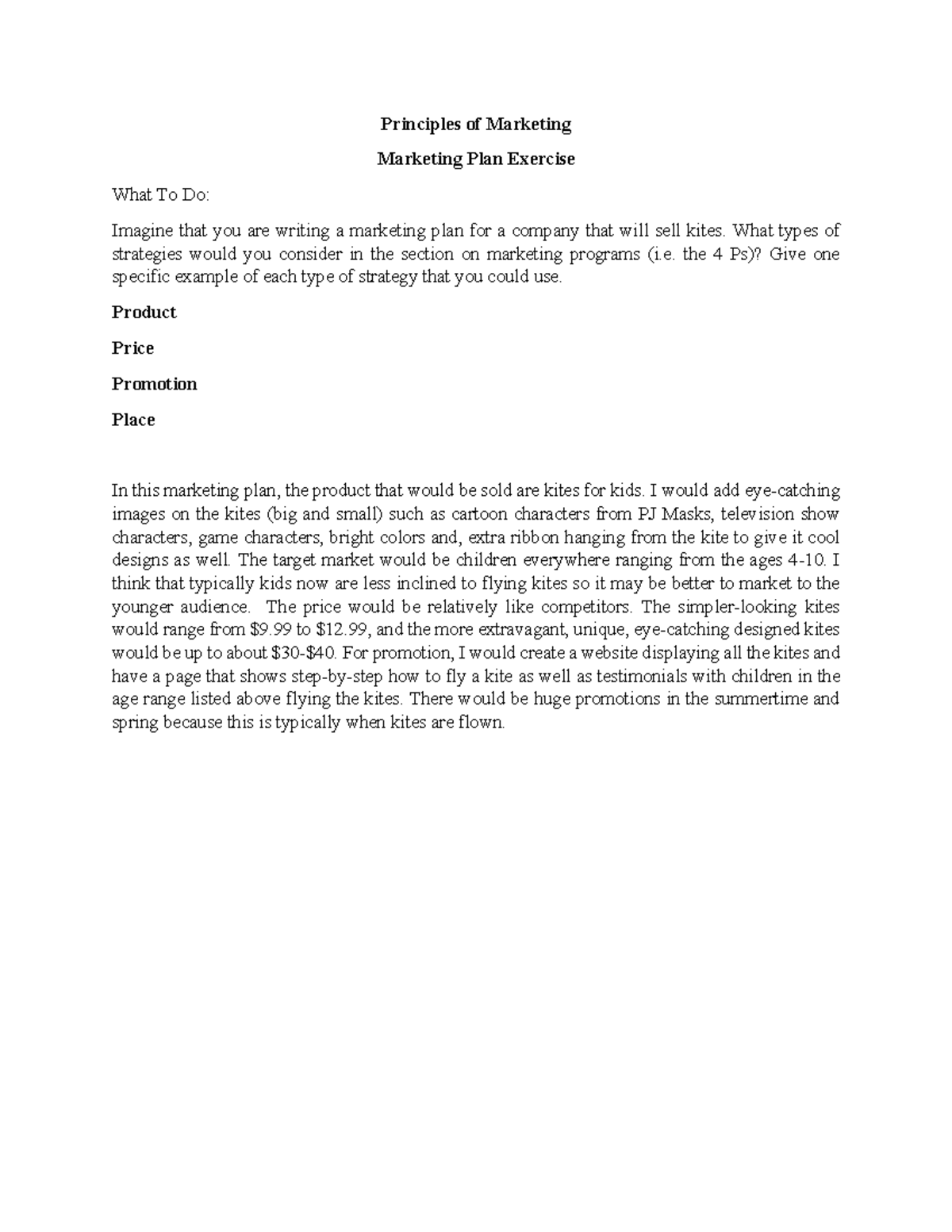 Marketing Plan Exercise - Principles of Marketing Marketing Plan ...