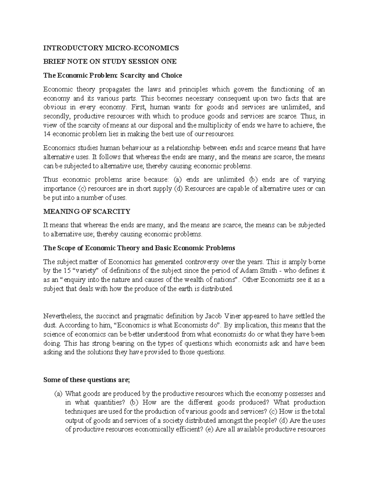Short NOTE ON Study Session ONE - INTRODUCTORY MICRO-ECONOMICS BRIEF ...