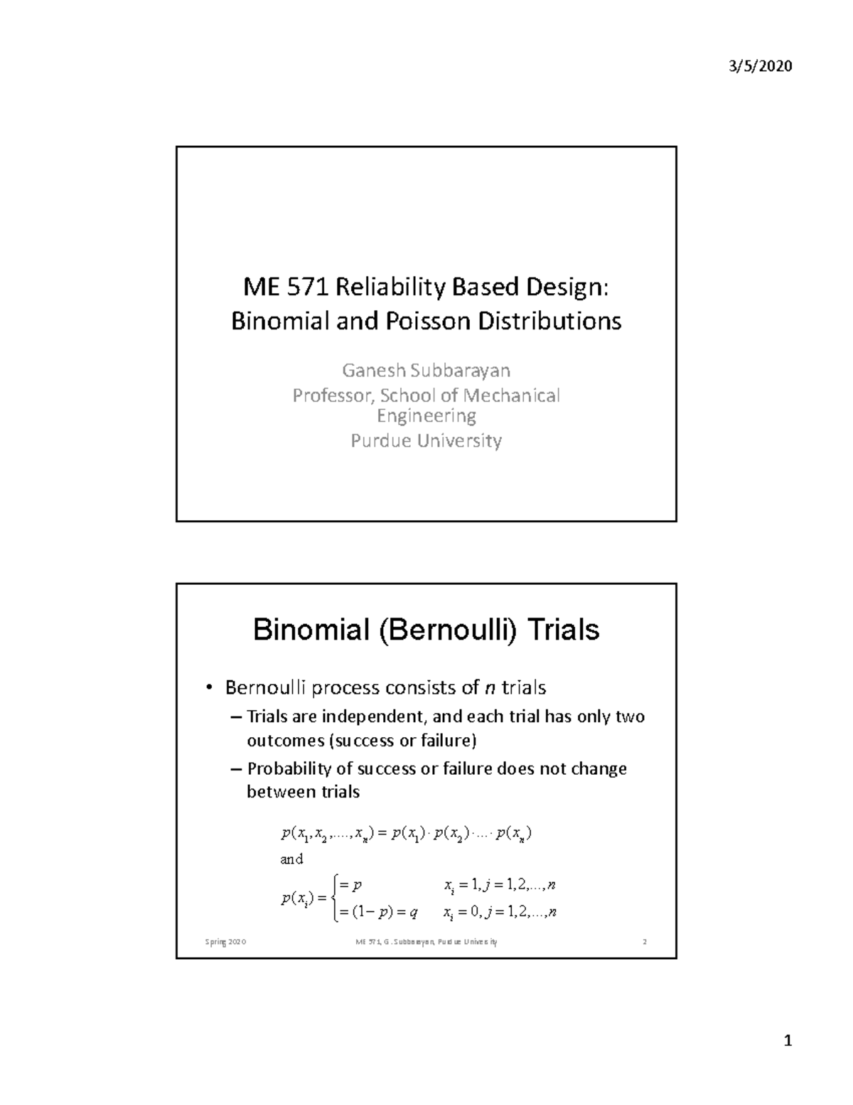 11 binomial and poisson distributions - ME 571 Reliability Based Design ...