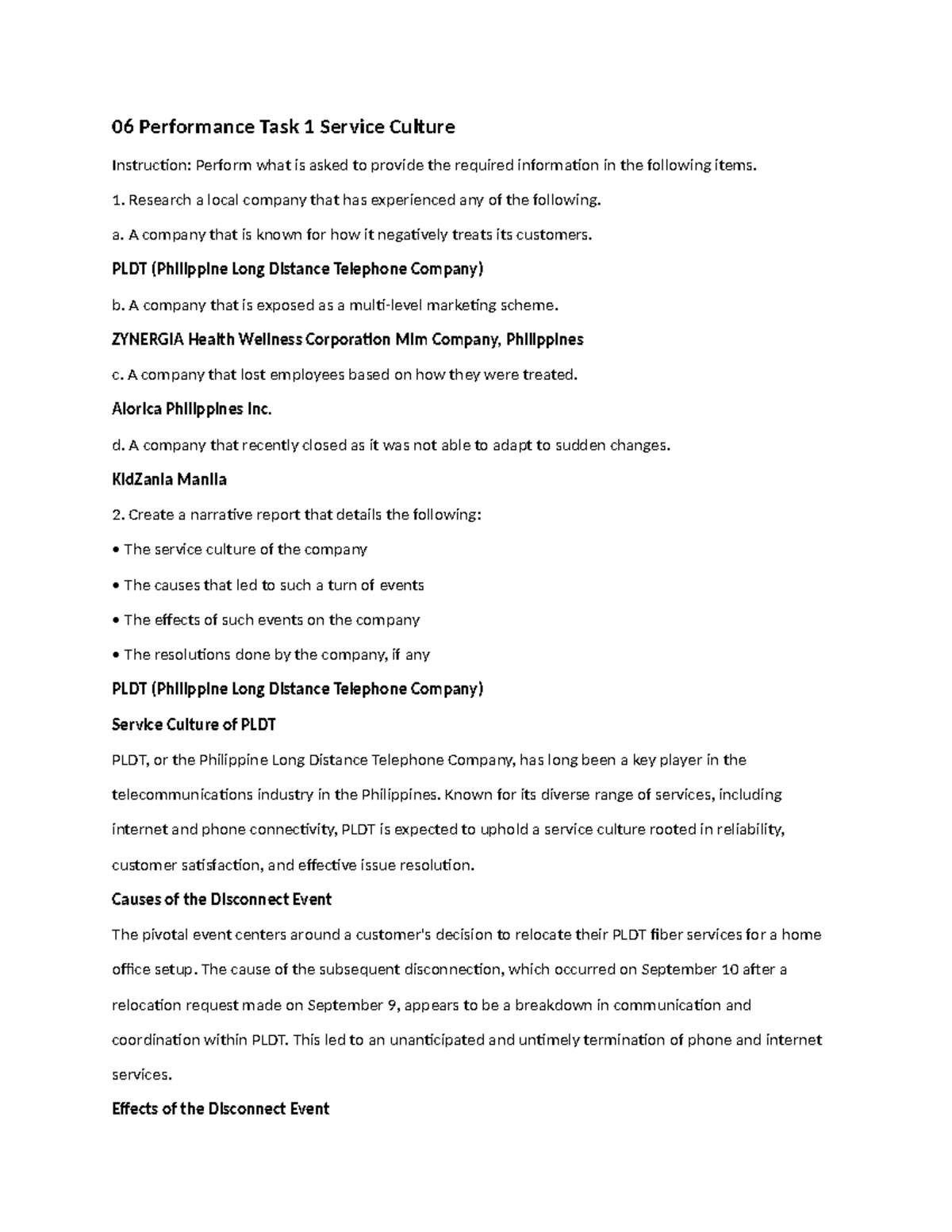 06Task Peformance 1 - None - 06 Performance Task 1 Service Culture ...