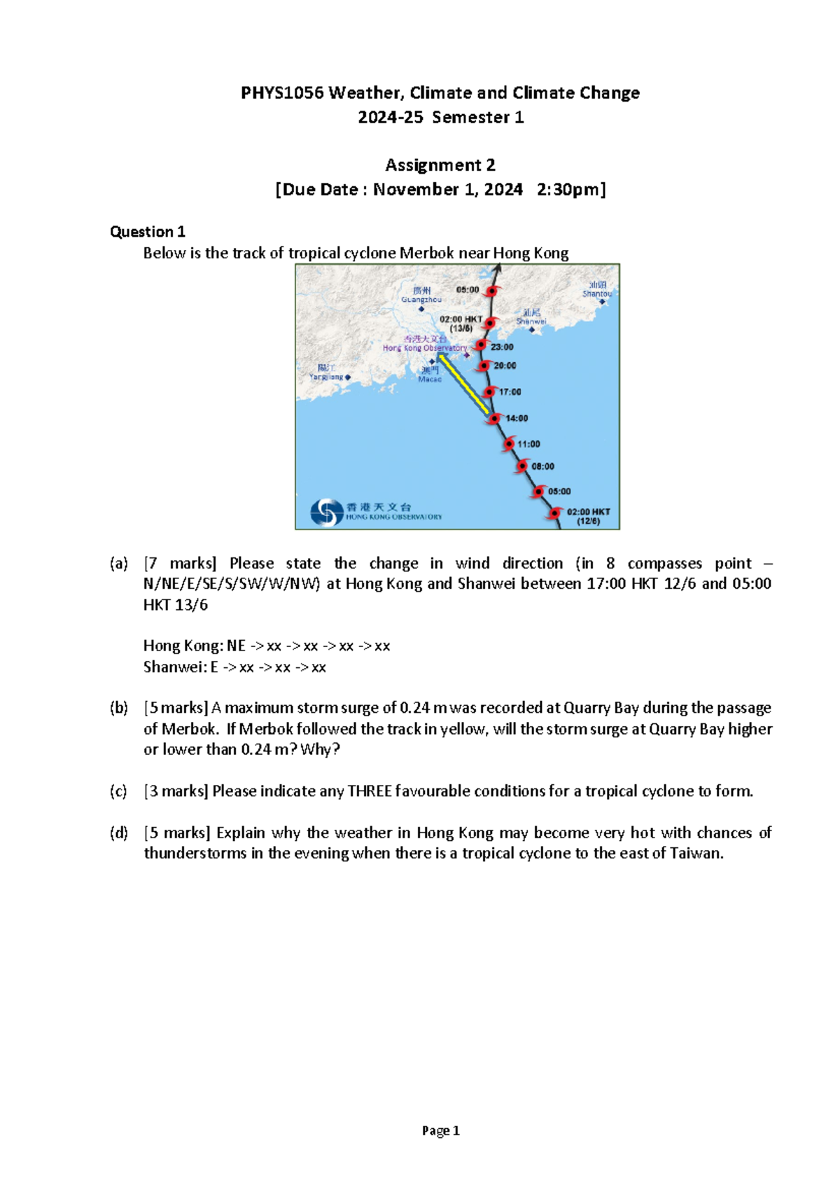 PHYS1056 202425 S1 Assignment 2 ques v2 - PHYS1056 Weather, Climate and Climate Change 2024 - 25 ...
