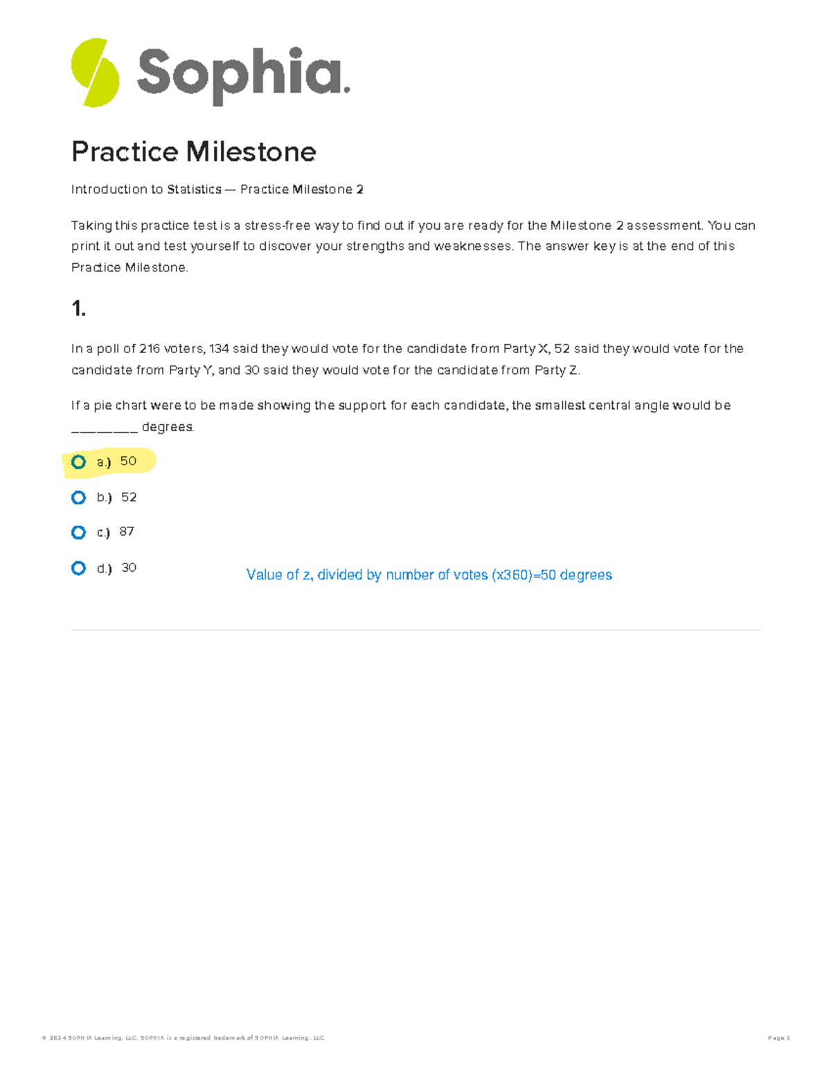 Stat1001 unit 2 practice milestone - a.) 50 b.) 52 c.) 87 d.) 30 ...