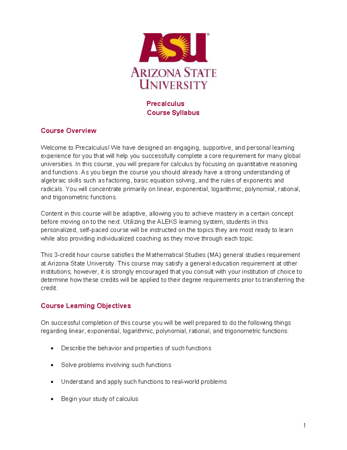 ASU Precalculus Syllabus - Precalculus Course Syllabus Course Overview ...