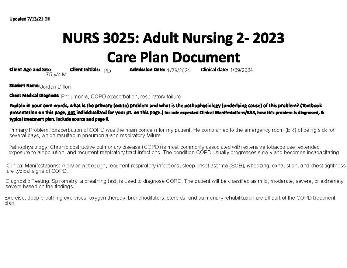 Adult II Care Plan # 1 - care plan - Primary Problem: Exacerbation of ...