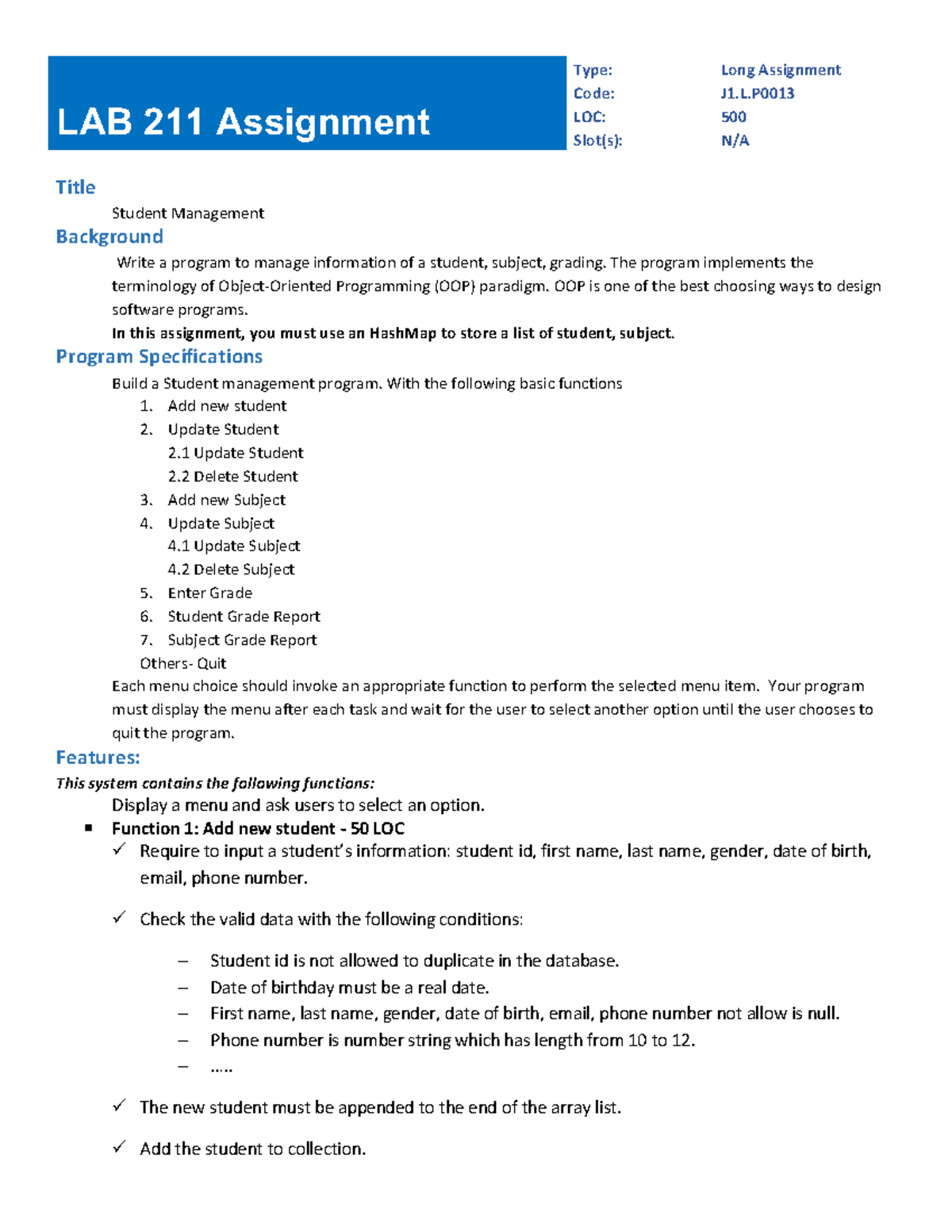 J1.L.P0013. Student Management 500- Hash Map - LAB 211 Assignment Type ...