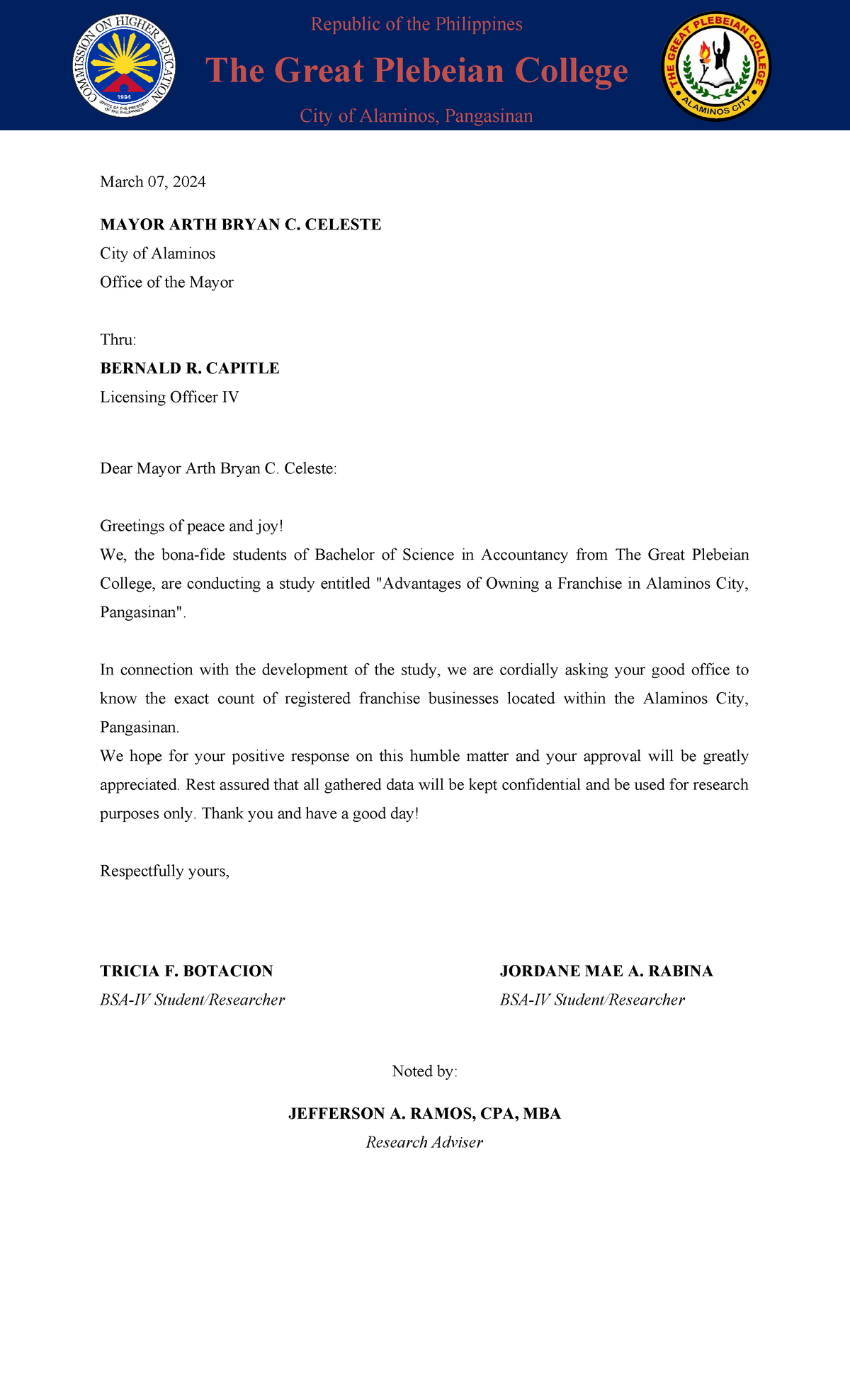 Letter- Mayor - March 07, 2024 MAYOR ARTH BRYAN C. CELESTE City of ...