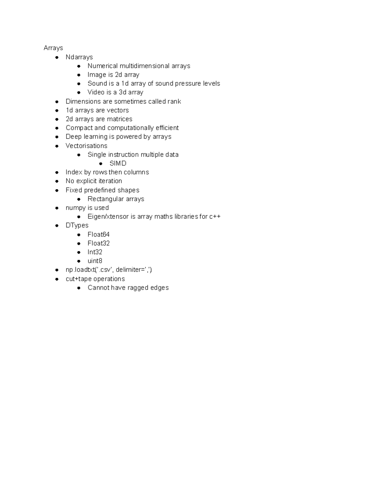 Data Fundamentals Bullet Pointed Key Concepts 2020 2021 - Arrays Ndarrays Numerical - Studocu